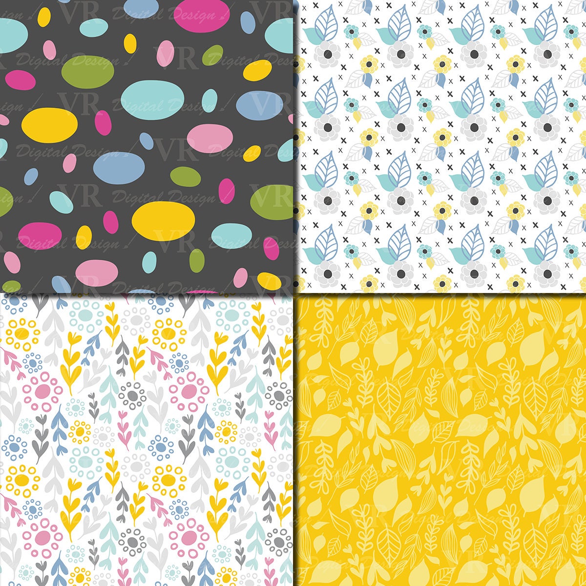 Seamless Bright Spring Digital Paper, "happy Spring" Hand Drawn Flowers ...