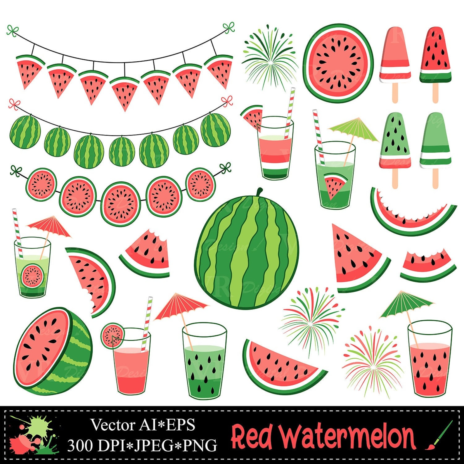 Watermelon Clipart, Summer Fruit Illustrations, Red Watermelons Digital ...