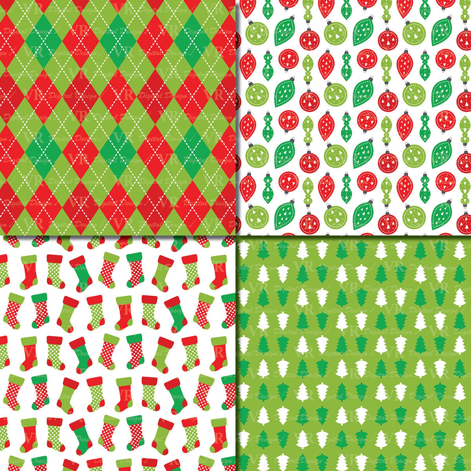 Red and Green Christmas Digital Paper Set, Christmas Digital Papers ...