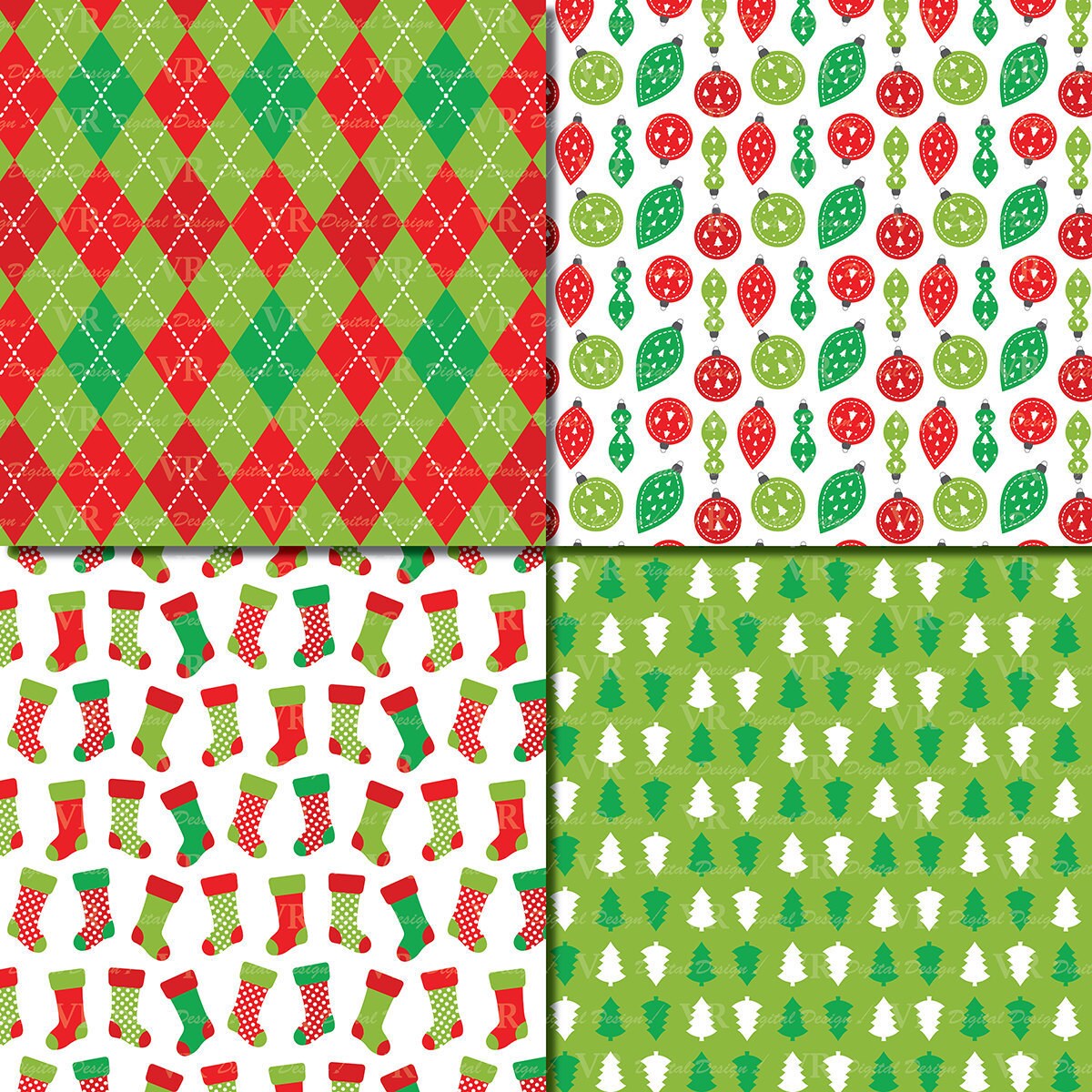 Red and Green Christmas Digital Paper Set, Christmas Digital Papers ...
