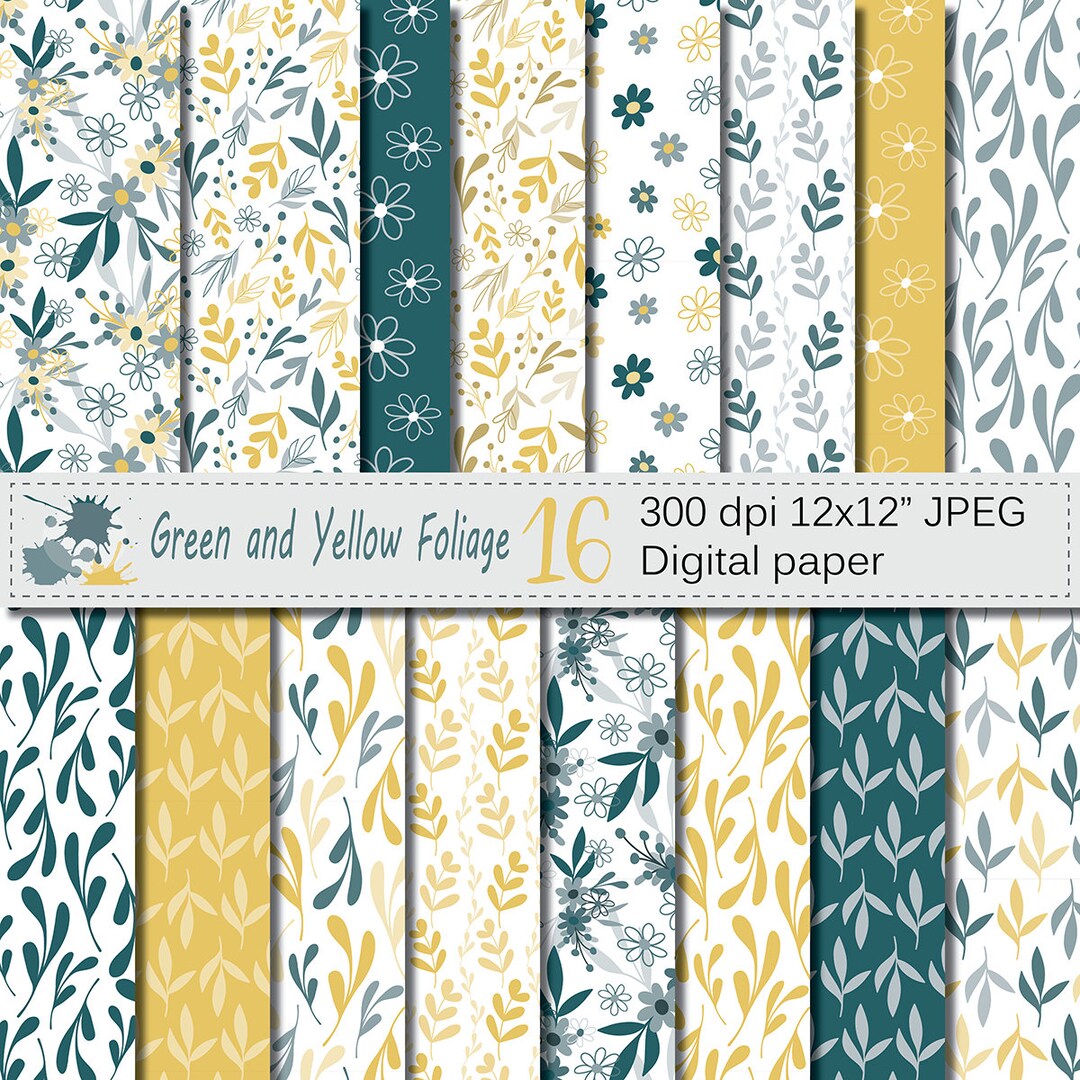 Seamless Green and Yellow Hand Drawn Flowers and Leaves Digital Paper ...