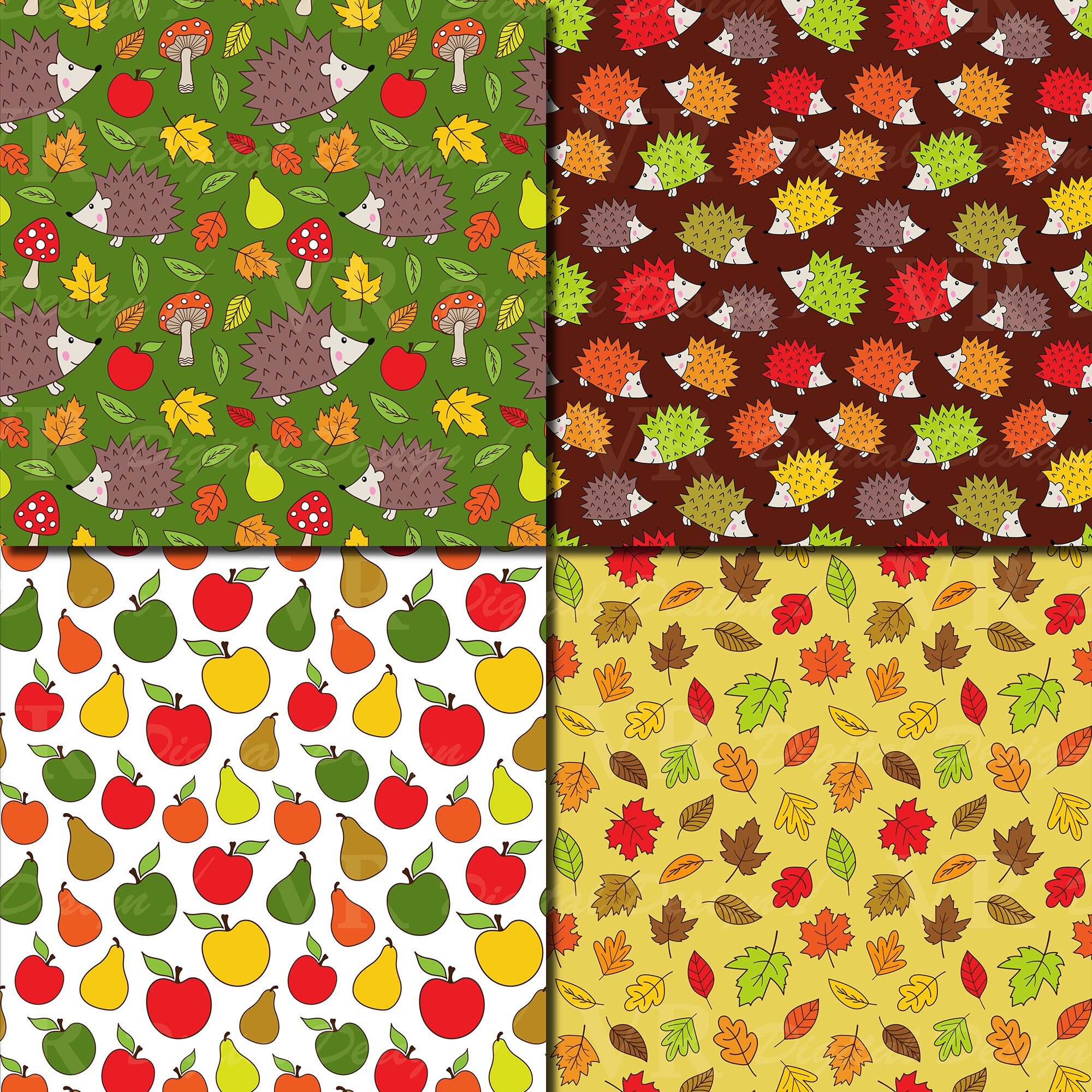 Cute Autumn Digital Paper With Hedgehog, Leaves, Mushroom, Cute Fall ...
