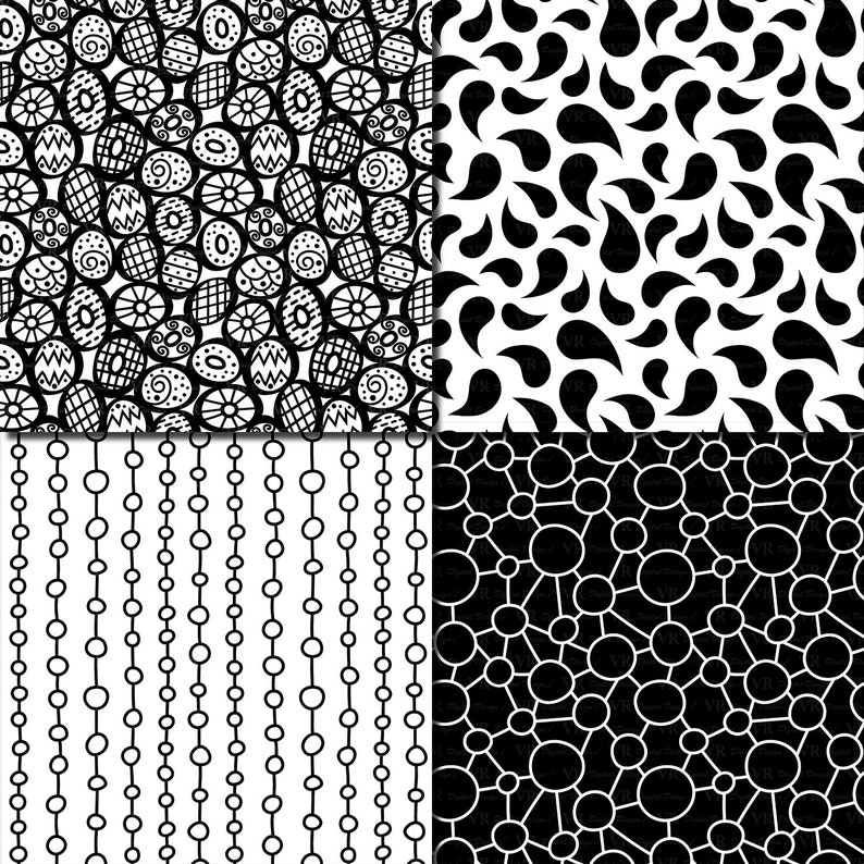 Black and White Hand Drawn Seamless Digital Paper, Monochrome Geometric ...