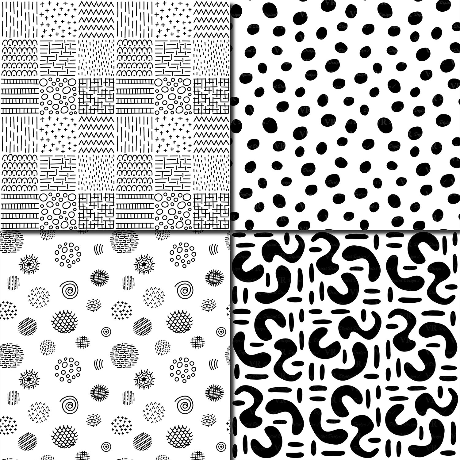 Black and White Hand Drawn Seamless Digital Paper, Trendy Monochrome ...