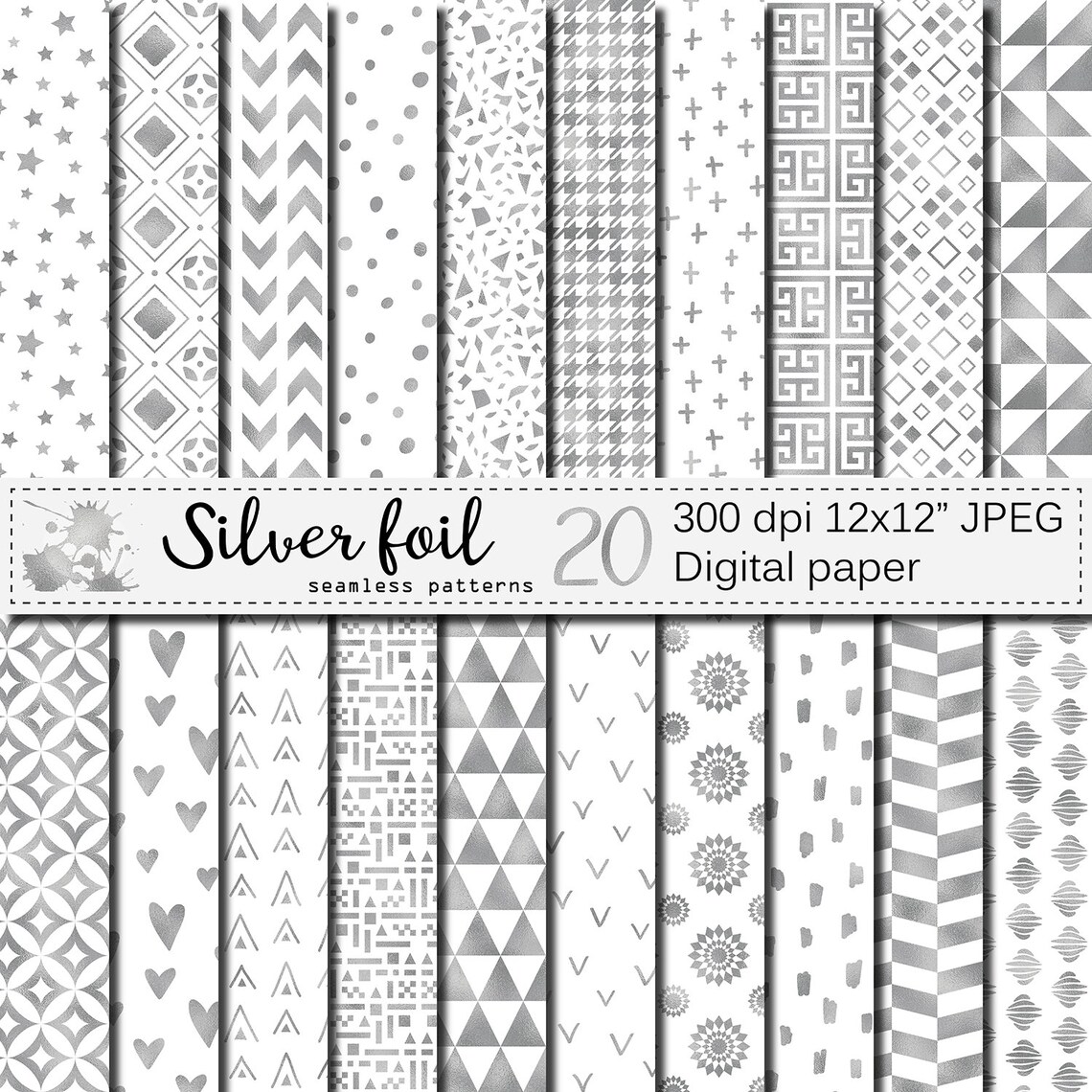 Silver Foil Digital Paper, Seamless Metallic Foil Geometric Patterns ...