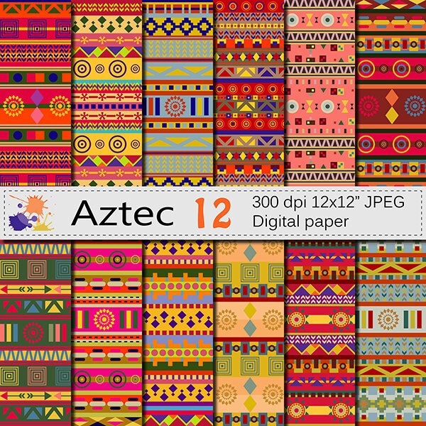 Aztec Digital Paper Set, Ethnic Tribal Digital Papers, Bright Geometric ...
