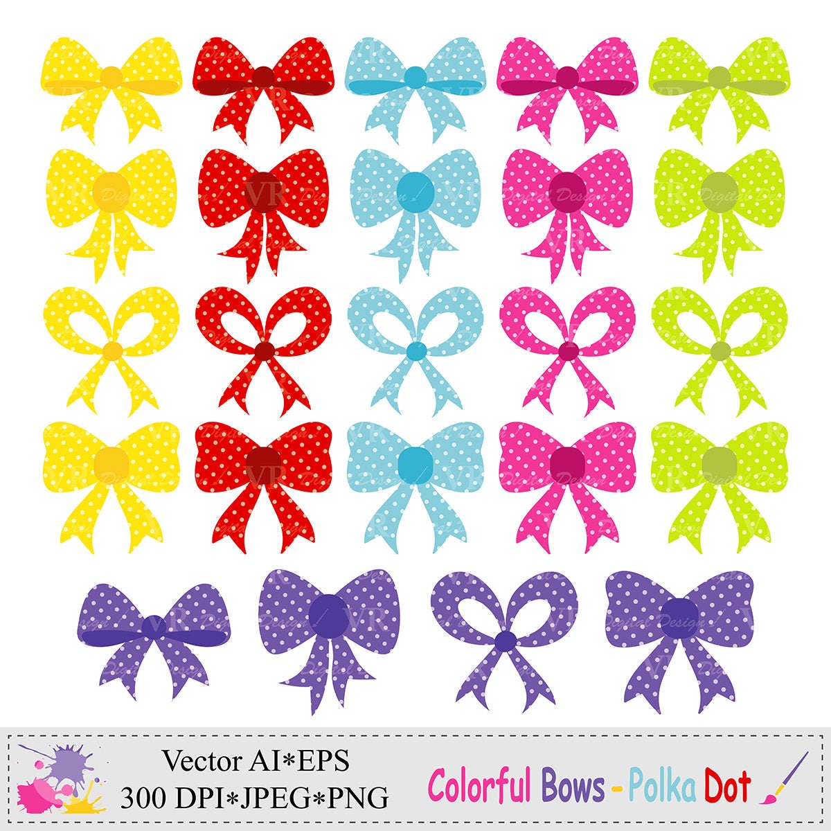 Colorful Bows Polka Dot Clip Art, Digital Bow Clipart, Gift Ribbon Bow ...