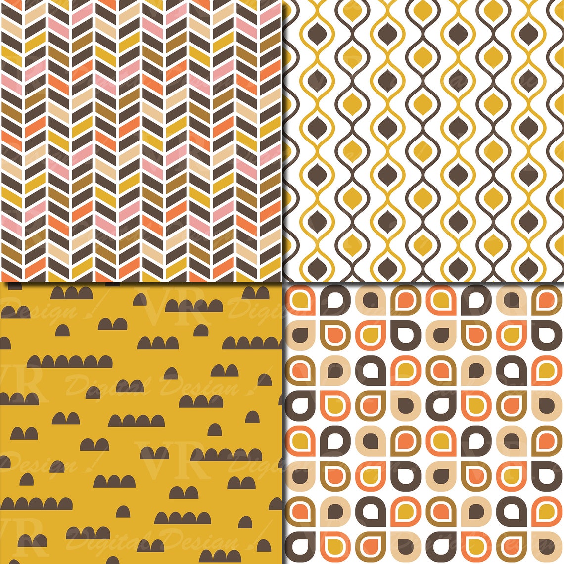 Retro Geometric Digital Paper, Brown Orange Yellow Pink Seamless ...