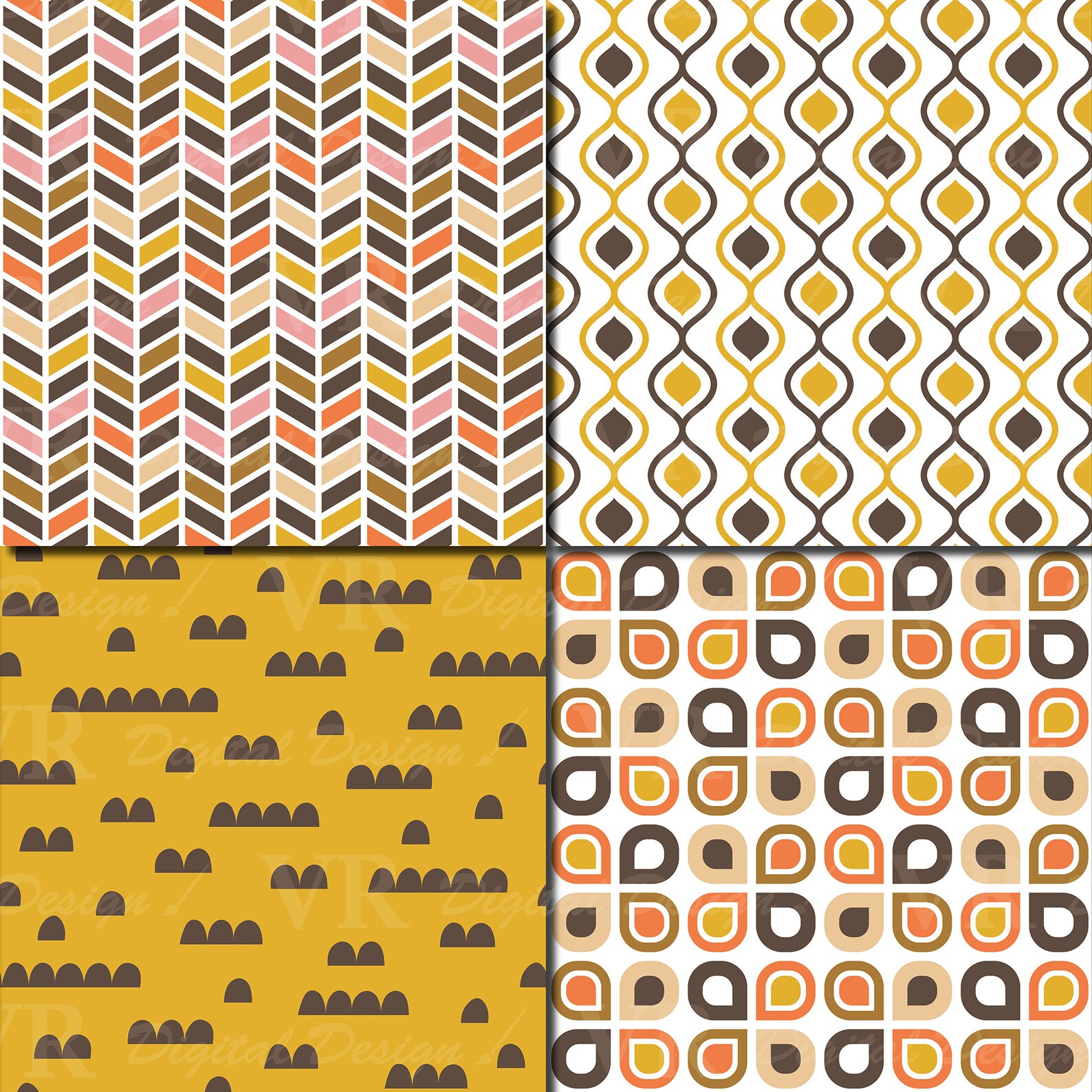 Retro Geometric Digital Paper, Brown Orange Yellow Pink Seamless ...