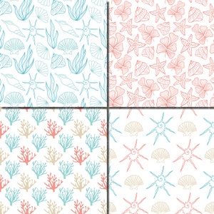 Sea Life Digital Paper With Seashells, Starfish and Corals, Ocean ...