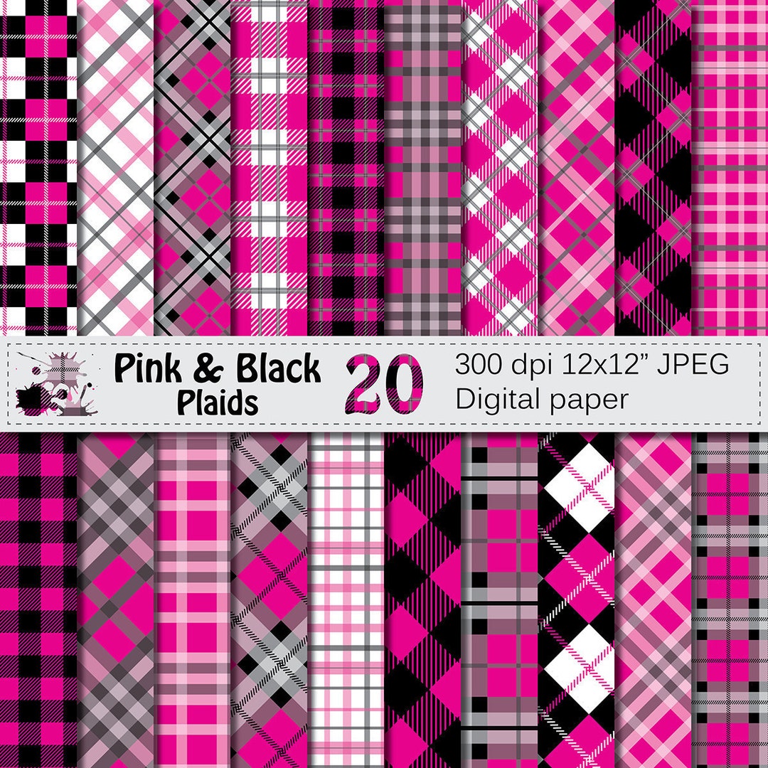 Pink and Black Plaids Digital Paper, Buffalo Plaid Lumberjack Check ...