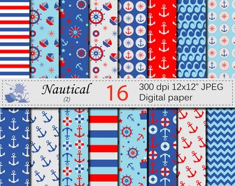 Red and Blue Nautical Digital Paper With Lobster Shark Oar - Etsy