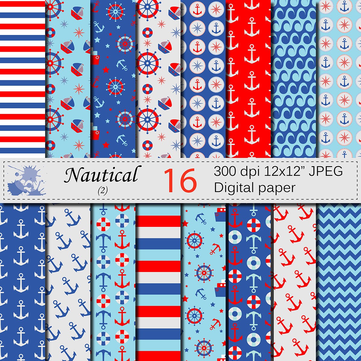 Nautical Red and Blue Digital Papers Anchor Printable - Etsy