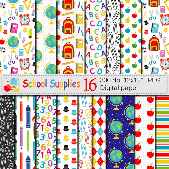 Back to School Digital paper School Supplies pattern Teacher | Etsy