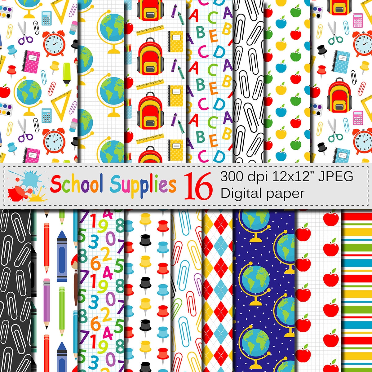 Back to School Digital Paper, School Supplies Pattern, Teacher ...