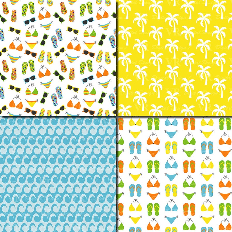 Beach Digital Paper, Summer Backgrounds With Flip Flops, Bikini ...