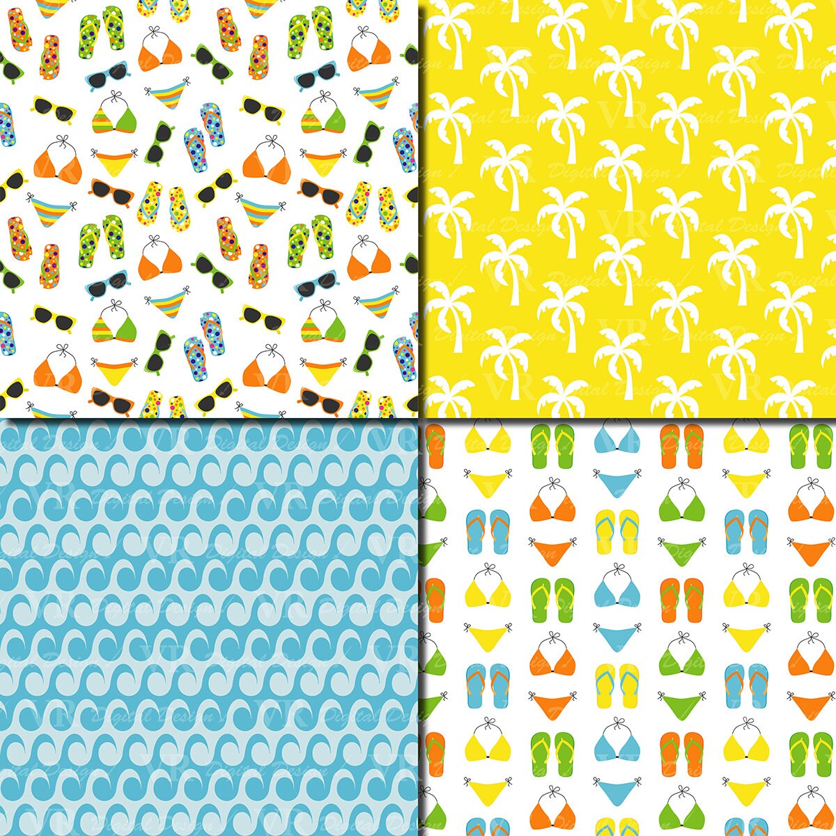 Beach Digital Paper, Summer Backgrounds With Flip Flops, Bikini ...