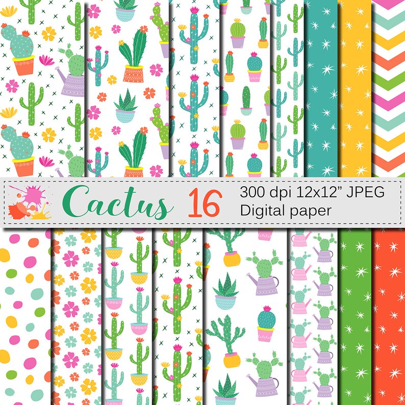 Cactus Digital Paper, Cute Cacti Plants Seamless Patterns, Bright ...