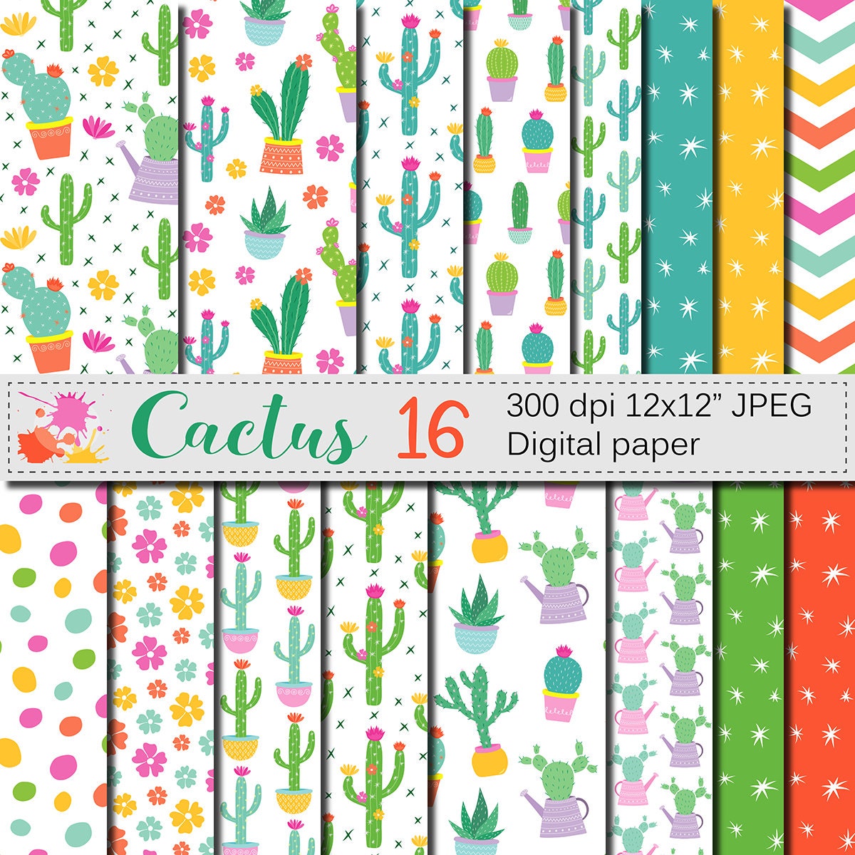 Cactus Digital Paper, Cute Cacti Plants Seamless Patterns, Bright ...