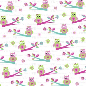 Birds and Owls Digital Paper Set, Scrapbooking Papers, Pink Green White ...
