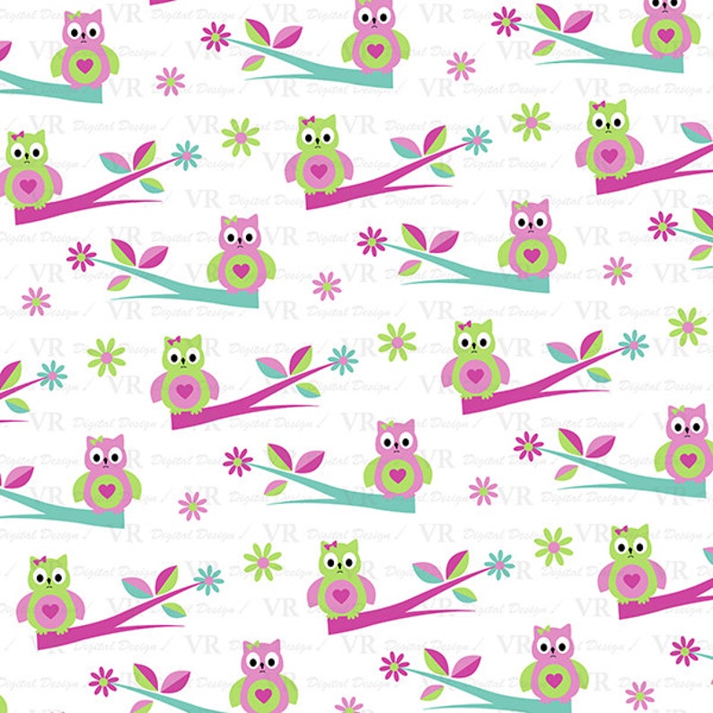 Birds and Owls Digital Paper Set, Scrapbooking Papers, Pink Green White ...