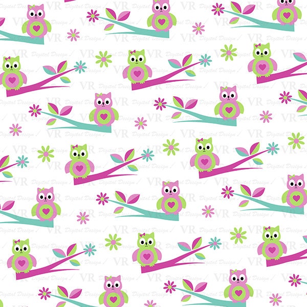 Birds and Owls Digital Paper Set, Scrapbooking Papers, Pink Green White ...