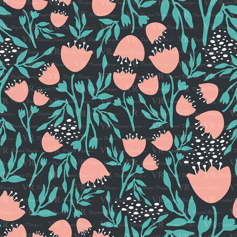 Seamless Floral Digital Paper, Hand Drawn Flowers Seamless Pattern ...