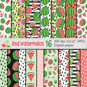 Watermelon Digital Paper, Cute Summer Fruit Digital Papers, Red and ...