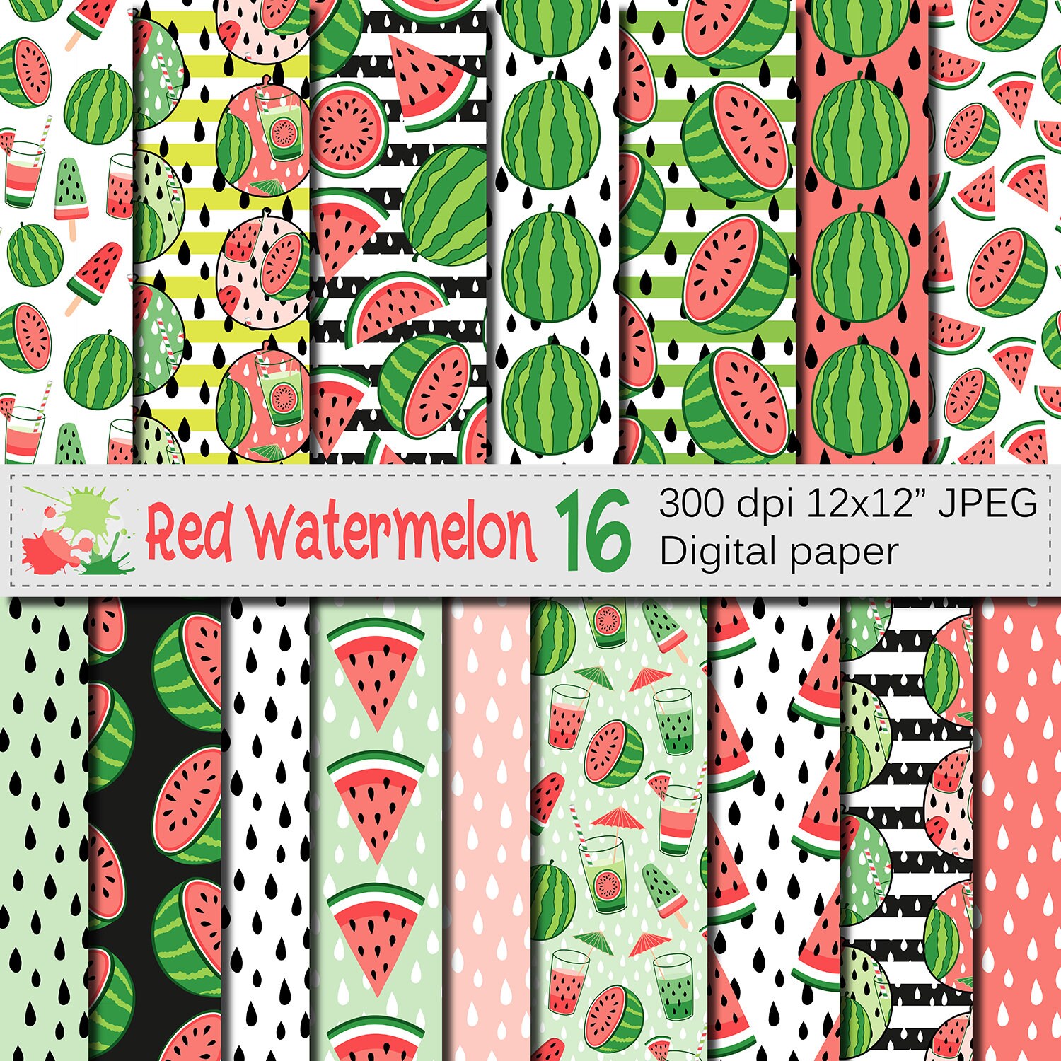 Watermelon Digital Paper, Cute Summer Fruit Digital Papers, Red and ...