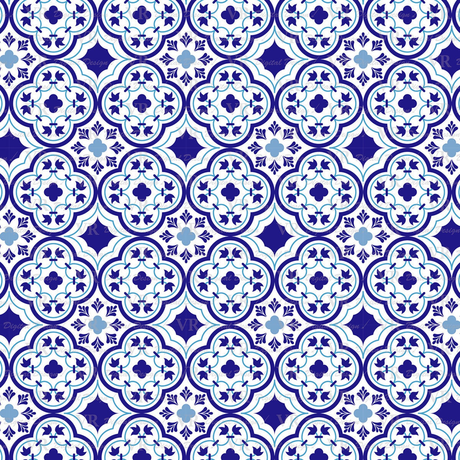 Blue Moroccan Digital Paper Set, Blue Ornamental Scrapbook Digital ...