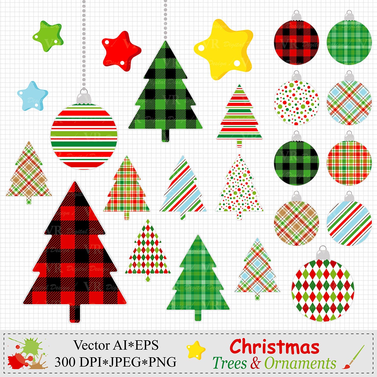 Christmas Trees Ornaments Clipart, Christmas Digital Vector Download ...