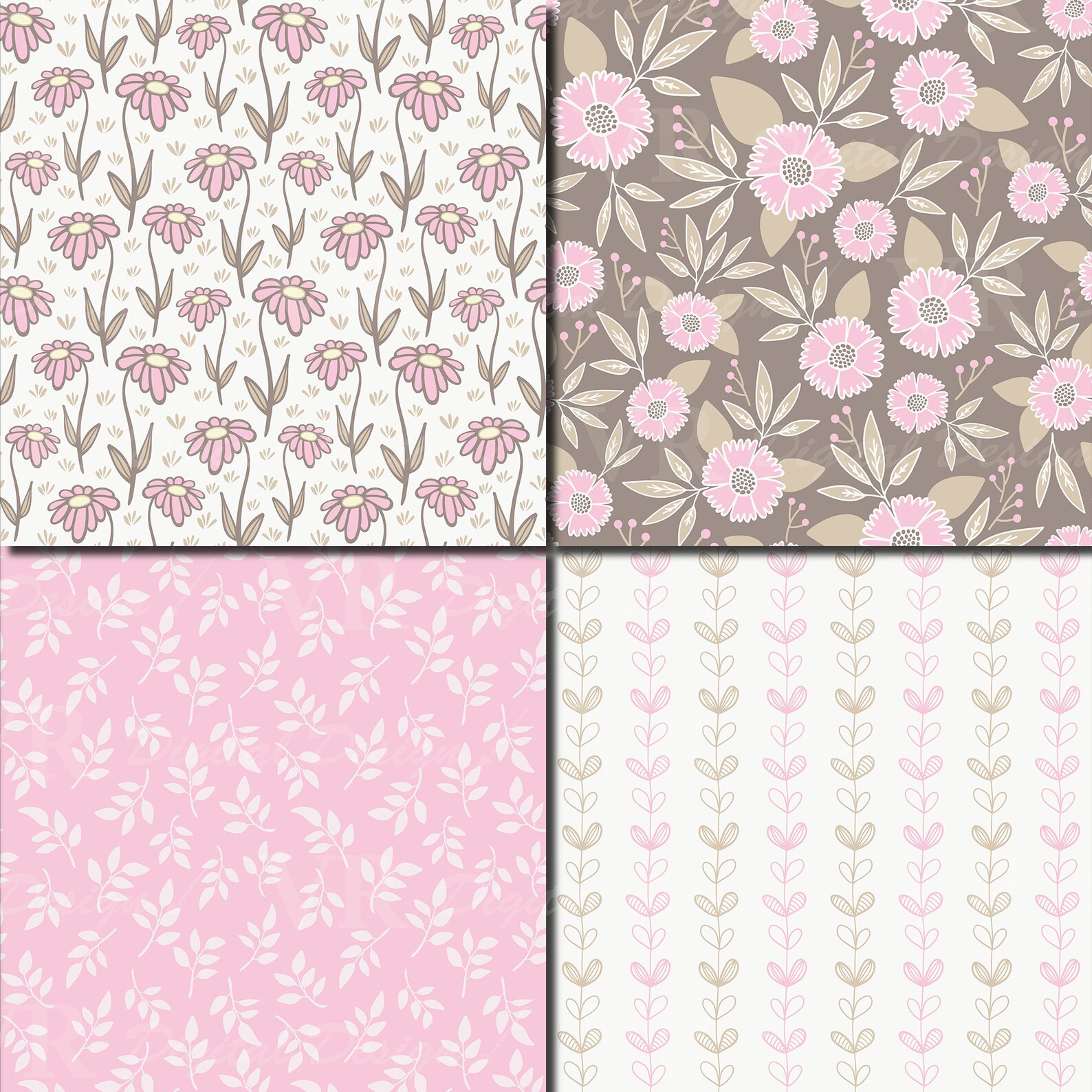 Pink and Brown Floral Digital Paper, Flowers Seamless Pattern, Neutral ...
