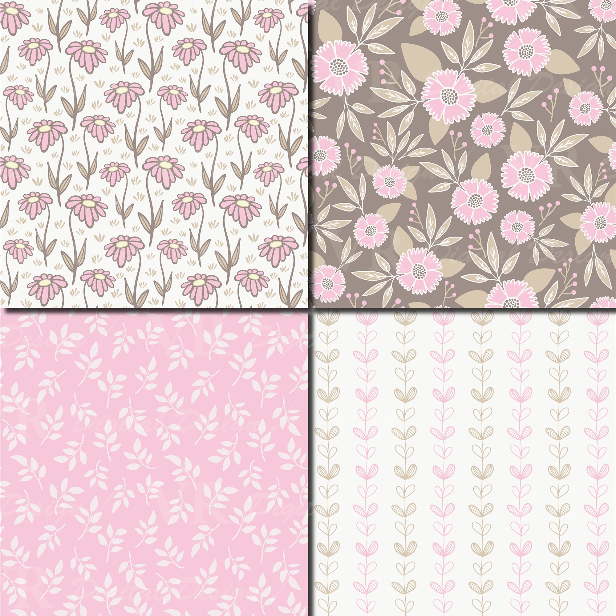 Pink and Brown Floral Digital Paper, Flowers Seamless Pattern, Neutral ...