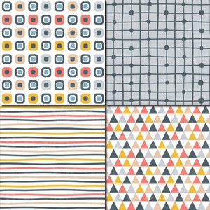 Retro Geometric Digital Paper, Blue Coral Yellow Seamless Geometric ...