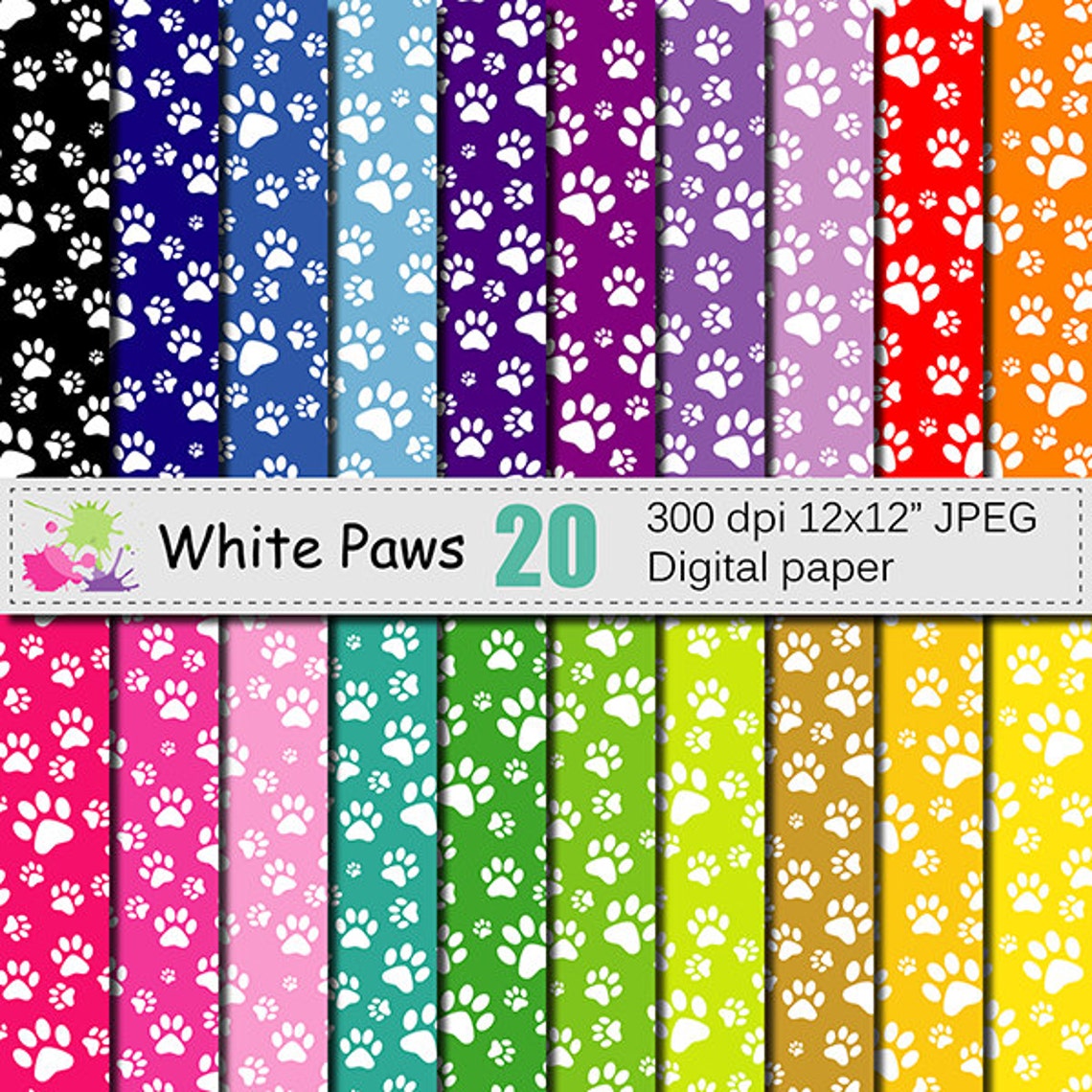 White Paws Digital Paper Set on Rainbow Backgrounds, Dog Paws Pattern ...
