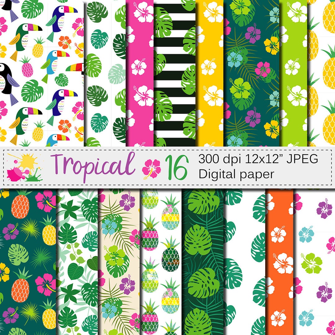 Tropical Digital Paper With Hibiscus, Toucan, Pineapple and Palm Leaves ...