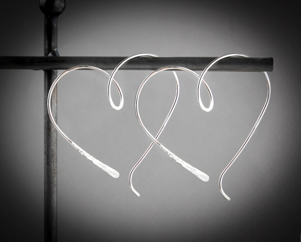 Silver Heart Hoop Earringslarge Heart Hoopshammered - Etsy