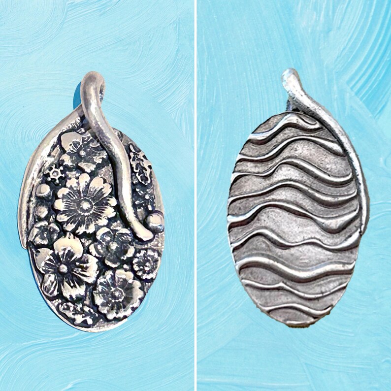 Reversible Flower Garden Pendant Necklace - Oval Fine Silver Jewelry ...