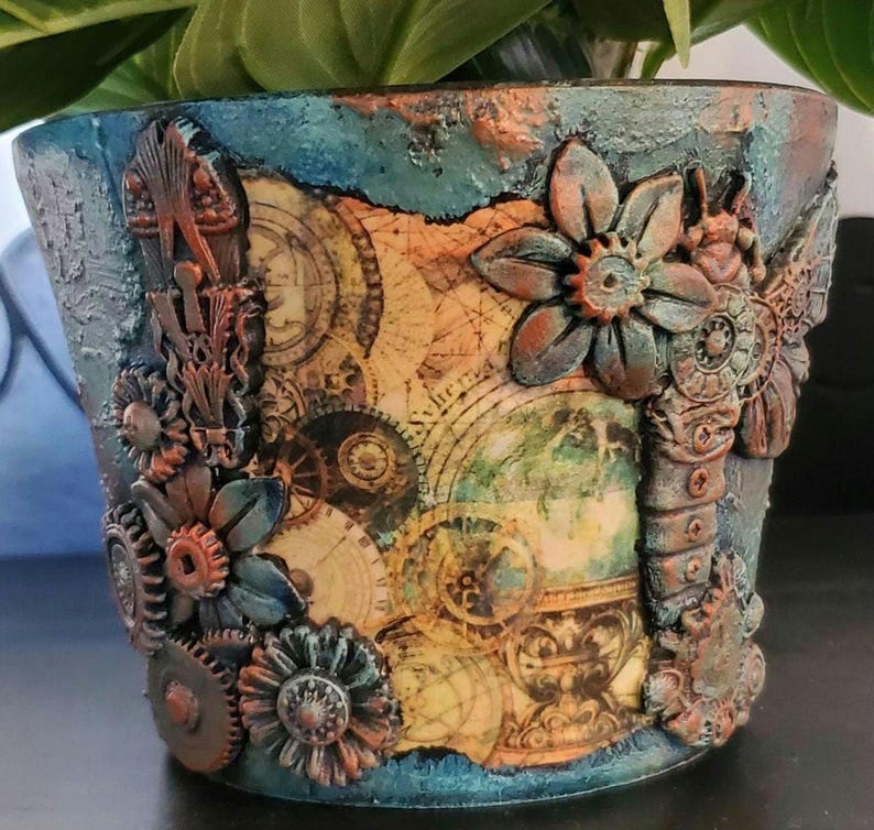 Whimsical, Steampunk Design Decorative Pot With Vintage Gear and Globe ...