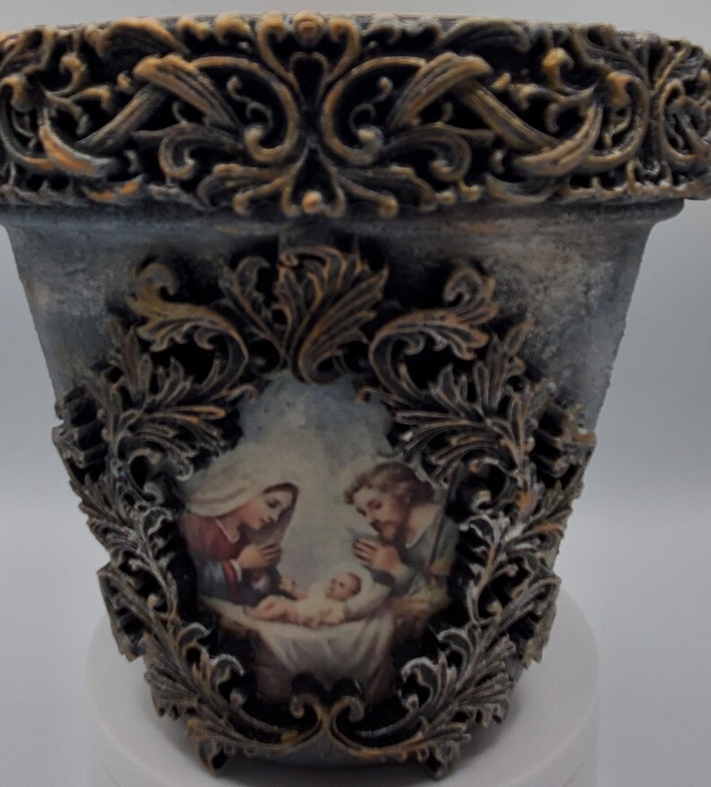 Whimsical Terracotta Pot. Nativity Scene of Baby Jesus, Mary and Joseph ...