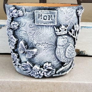 Flowerpot, "mom" Crowned Bird, Flowers Molded Clay Relief, Distressed ...