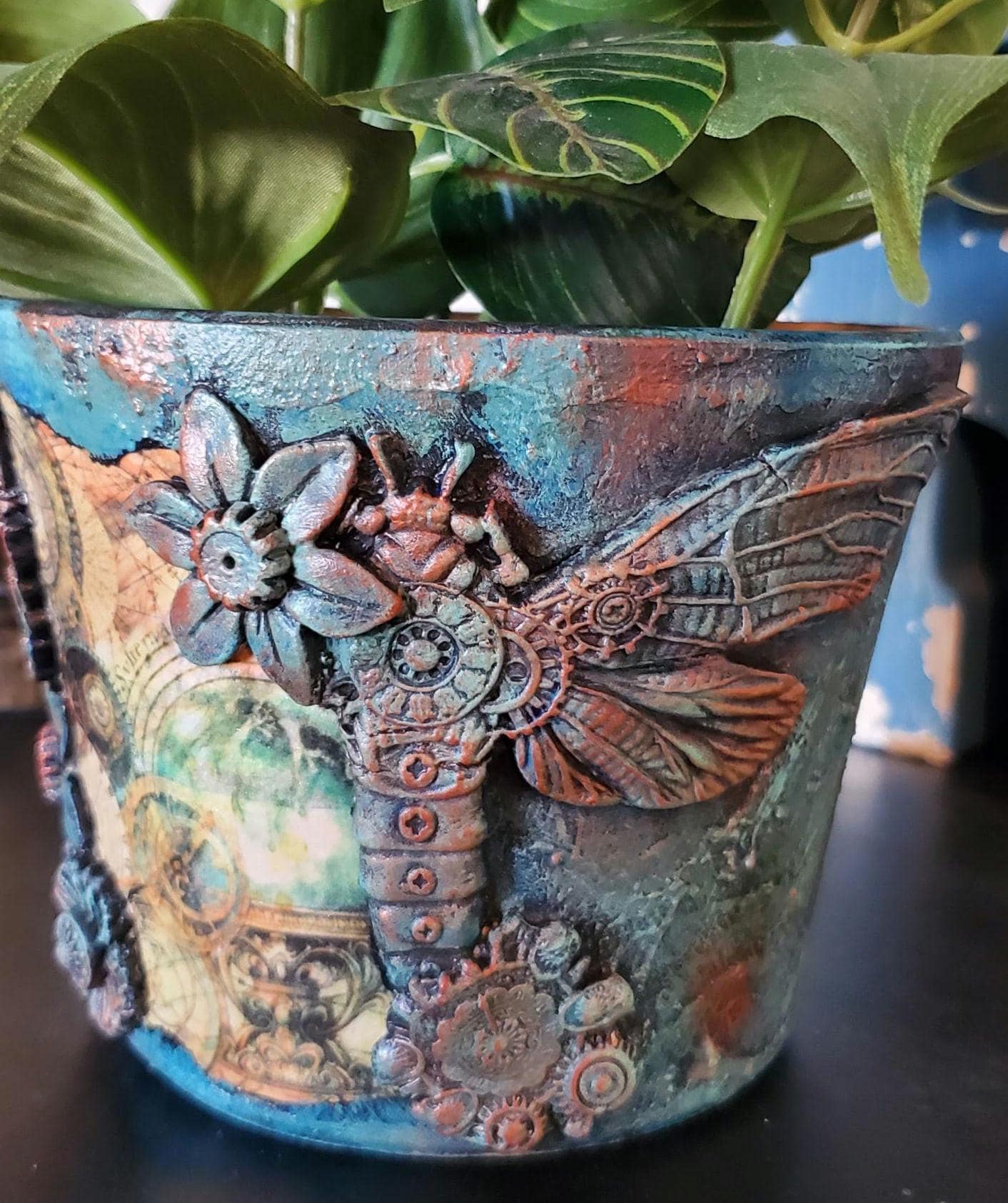 Whimsical, Steampunk Design Decorative Pot With Vintage Gear and Globe ...