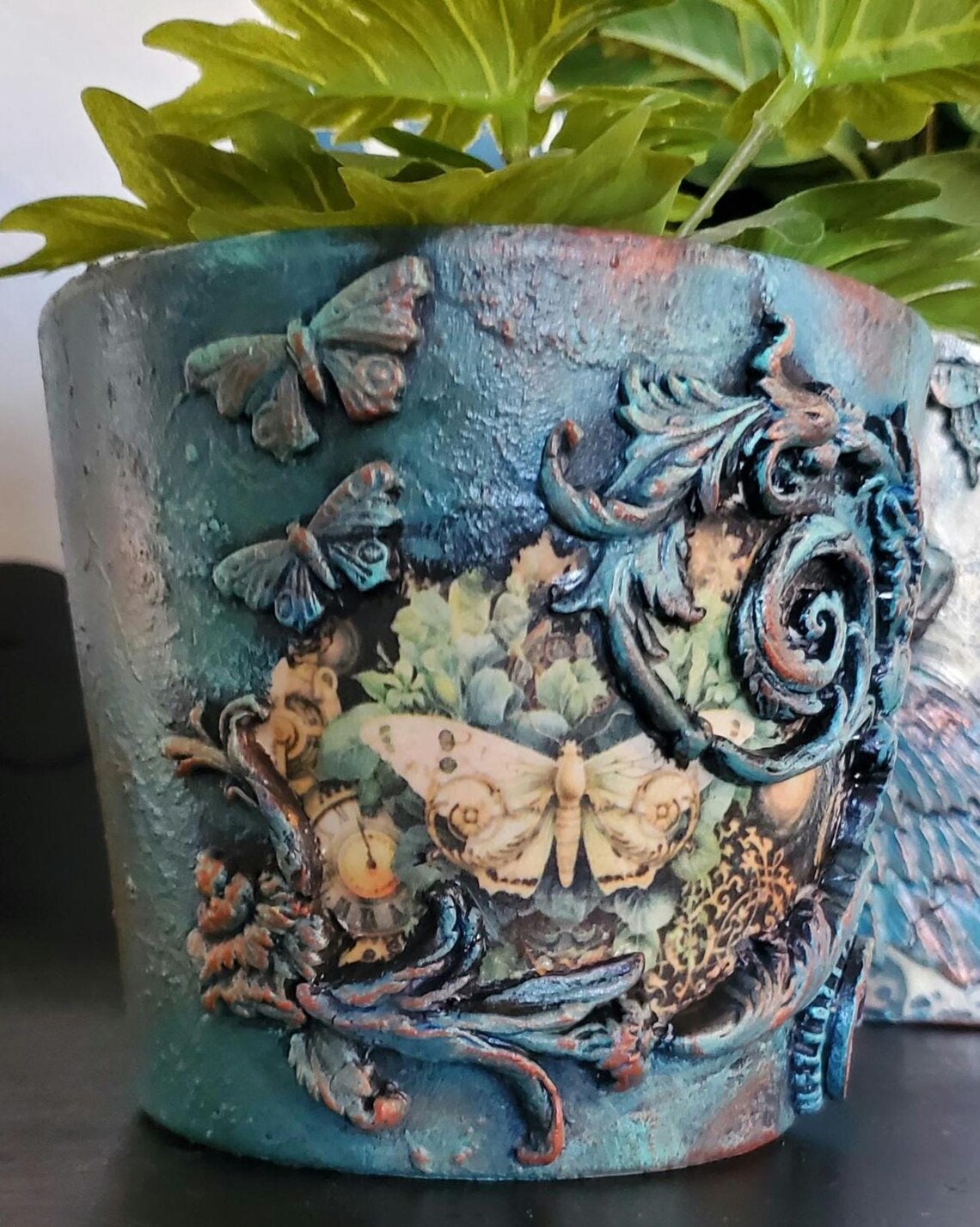 Whimsical, Steampunk Design Decorative Pot With Vintage Floral Moth ...