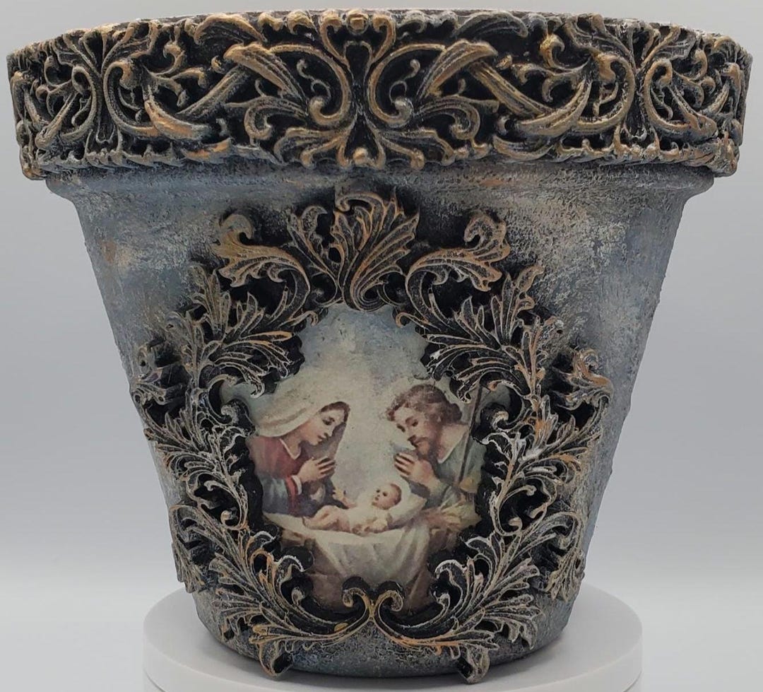 Whimsical Terracotta Pot. Nativity Scene of Baby Jesus, Mary and Joseph ...