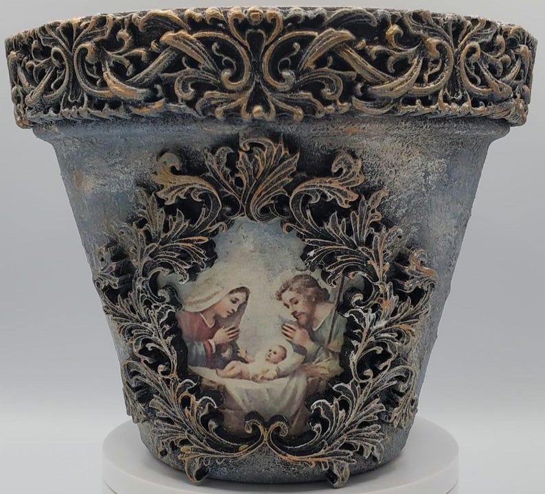 Whimsical Terracotta Pot. Nativity Scene of Baby Jesus, Mary and Joseph ...
