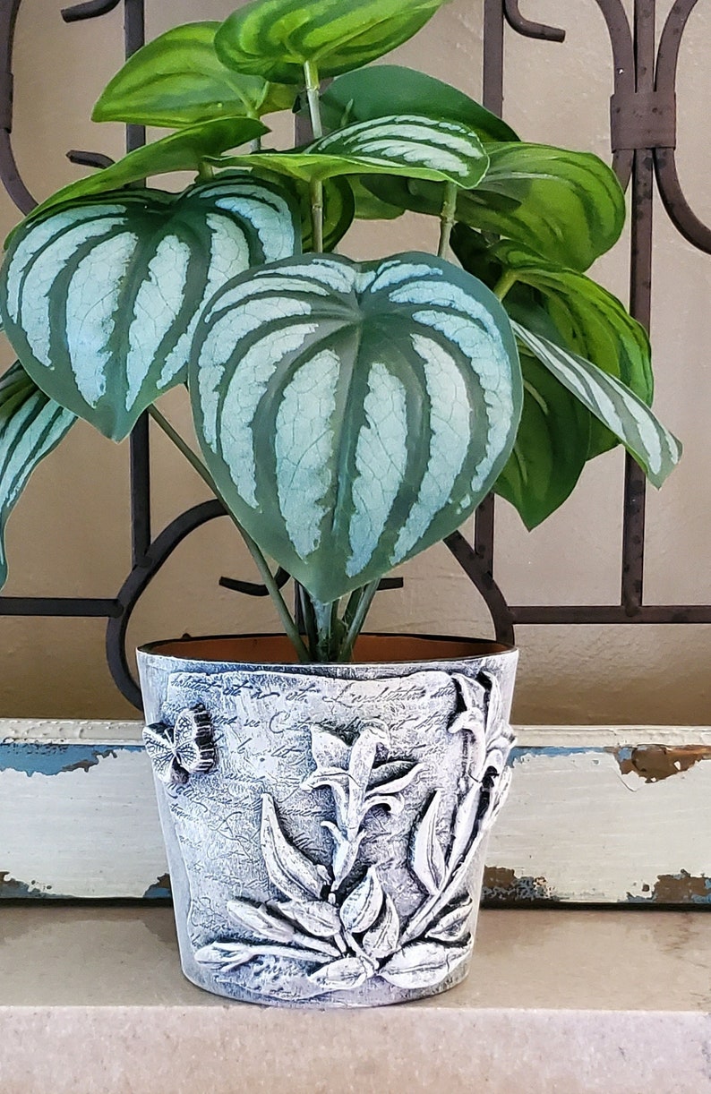 Flowerpot, French Letter With Molded Lilies Clay Relief, Distressed ...
