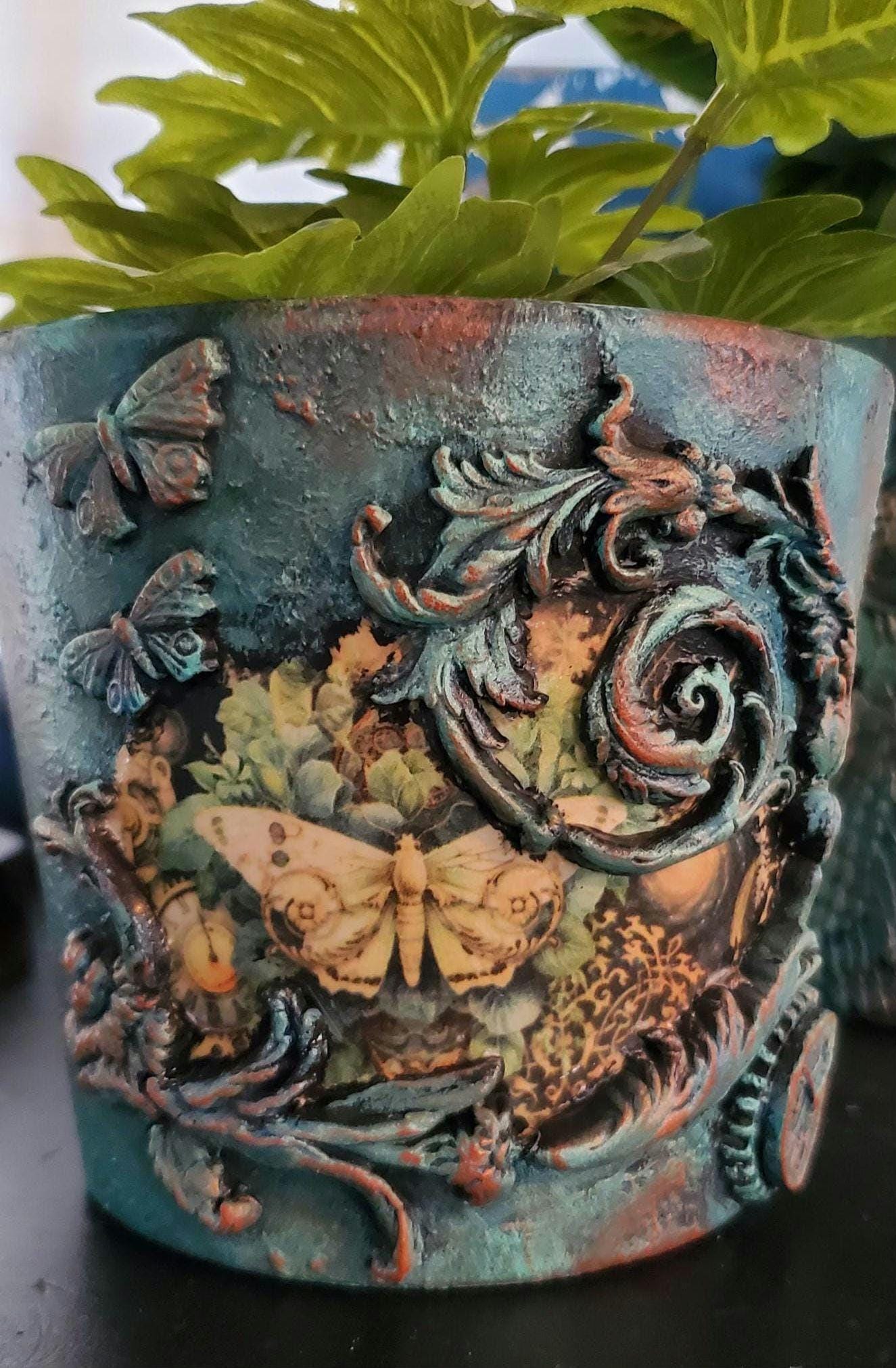 Whimsical, Steampunk Design Decorative Pot With Vintage Floral Moth ...