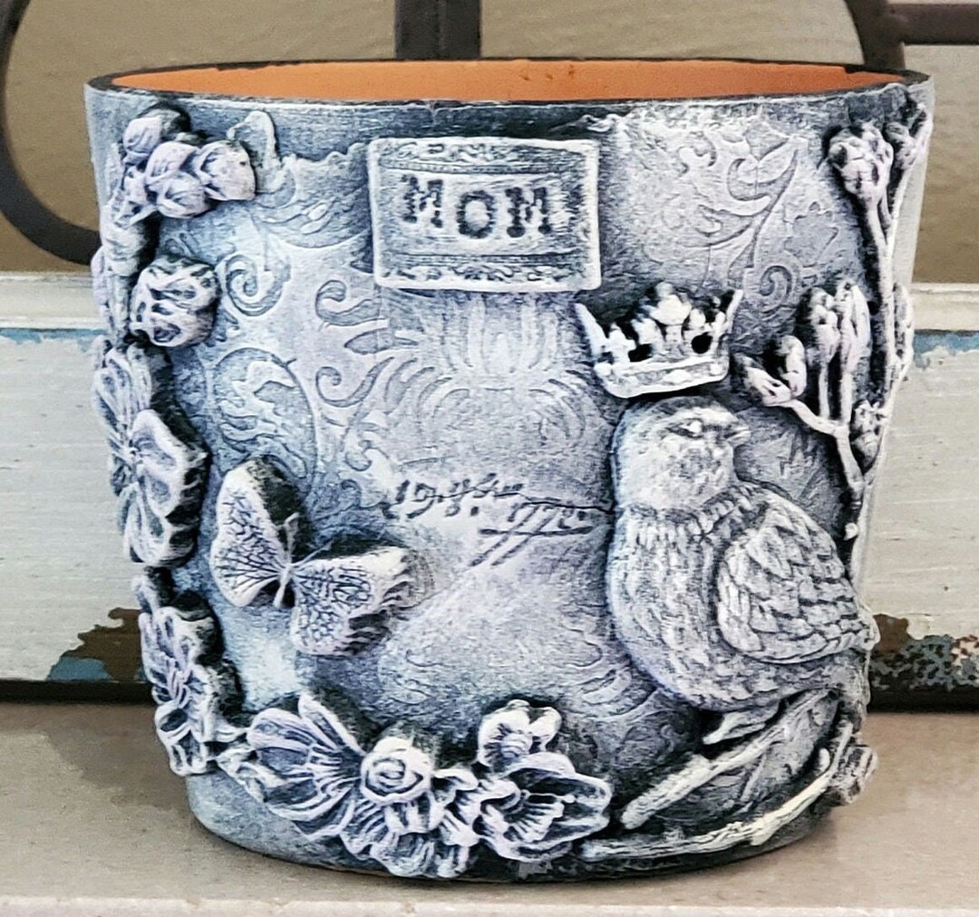 Flowerpot, "mom" Crowned Bird, Flowers Molded Clay Relief, Distressed ...