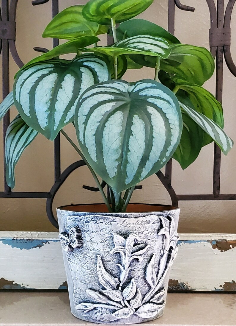Flowerpot, French Letter With Molded Lilies Clay Relief, Distressed ...