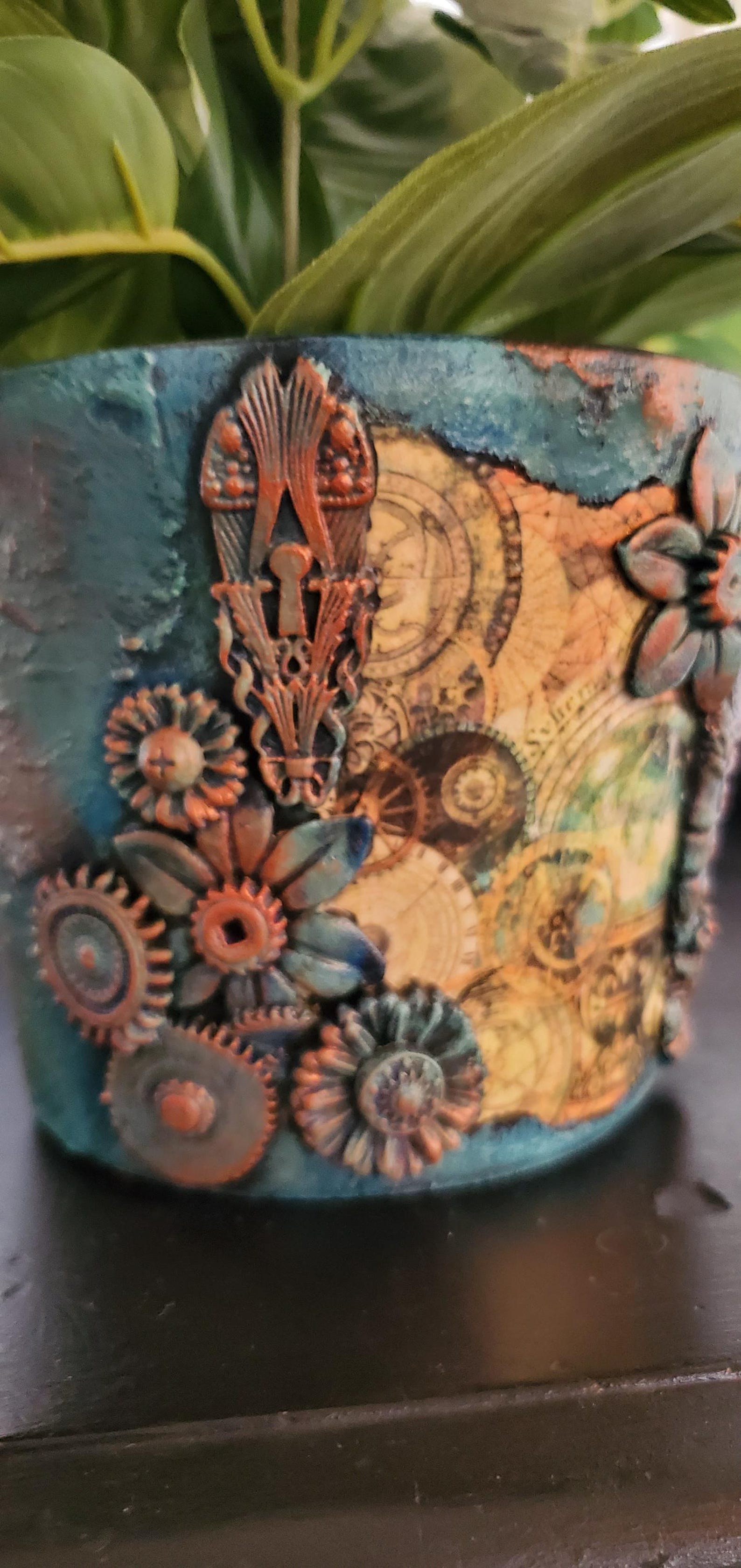 Whimsical, Steampunk Design Decorative Pot With Vintage Gear and Globe ...
